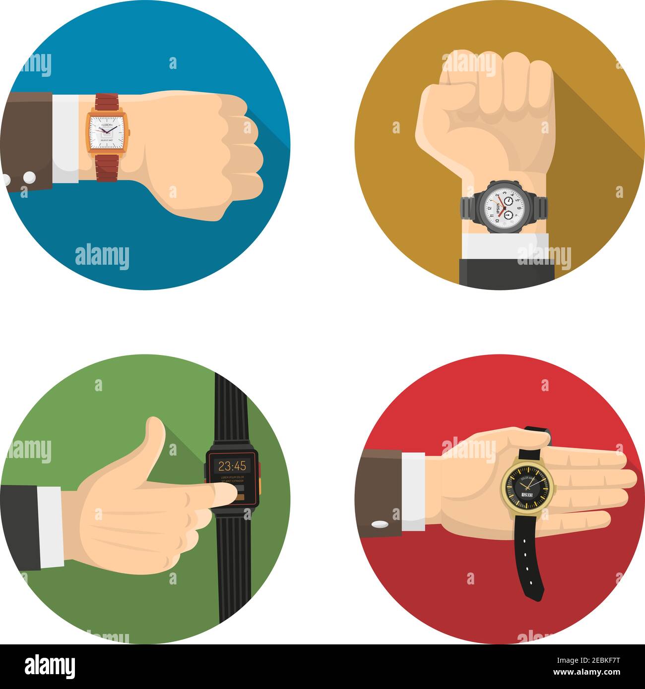 Men watches types 4 flat round icons collection of mechanical smart electronic and classic ...