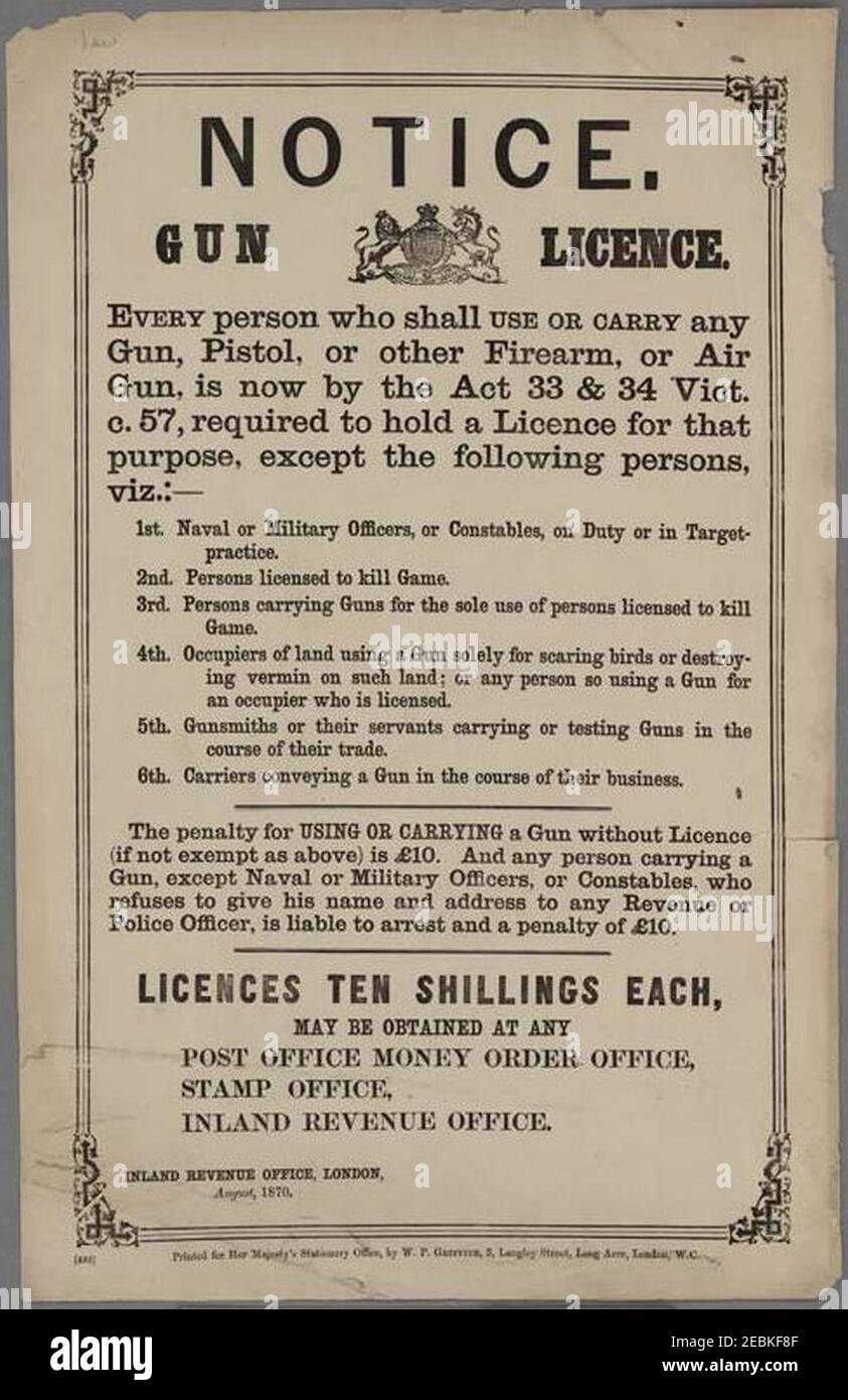 Notice. Gun License 1870 Stock Photo - Alamy