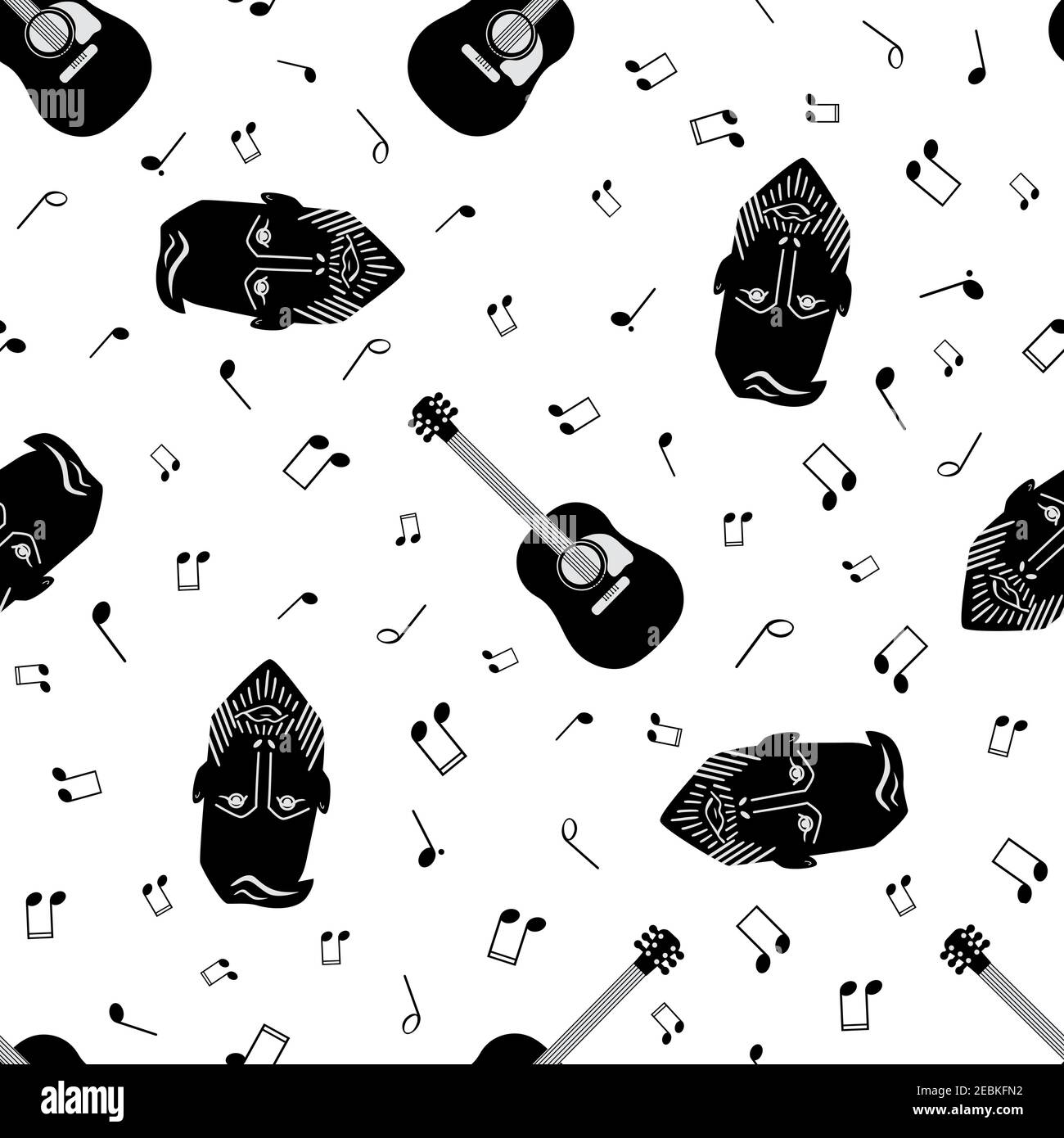 Acoustic guitar, male face, music notes vector seamless pattern ...