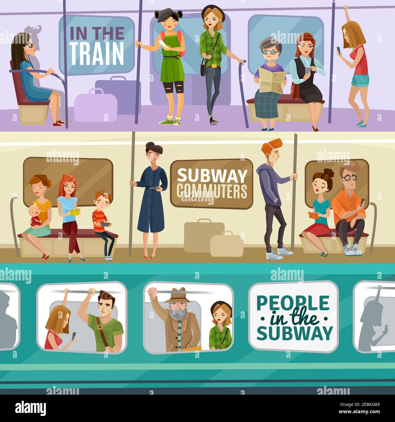 Subway people horizontal banners set with transportation symbols flat ...