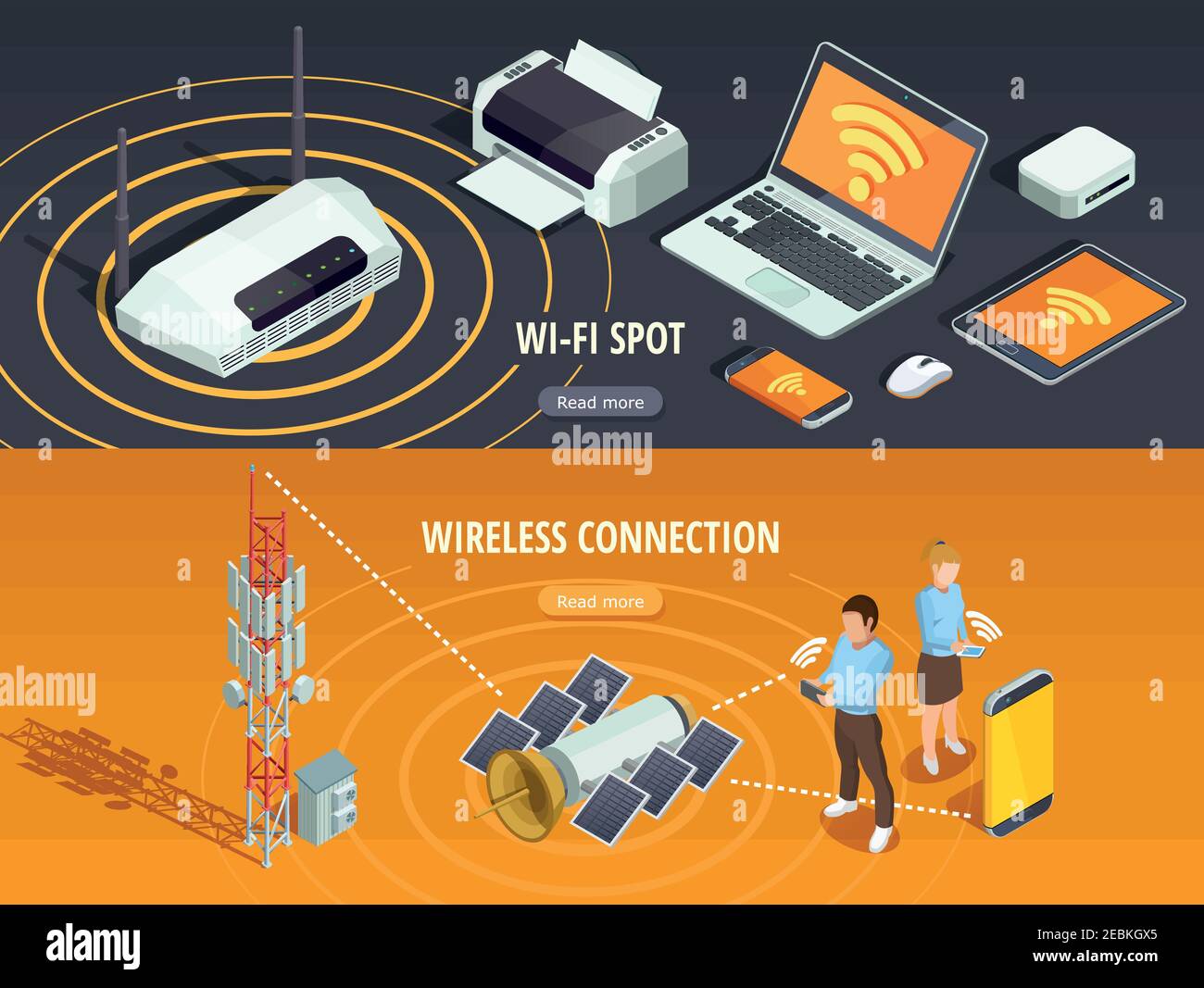 Internet wireless connection 2 isometric horizontal banners set with ...