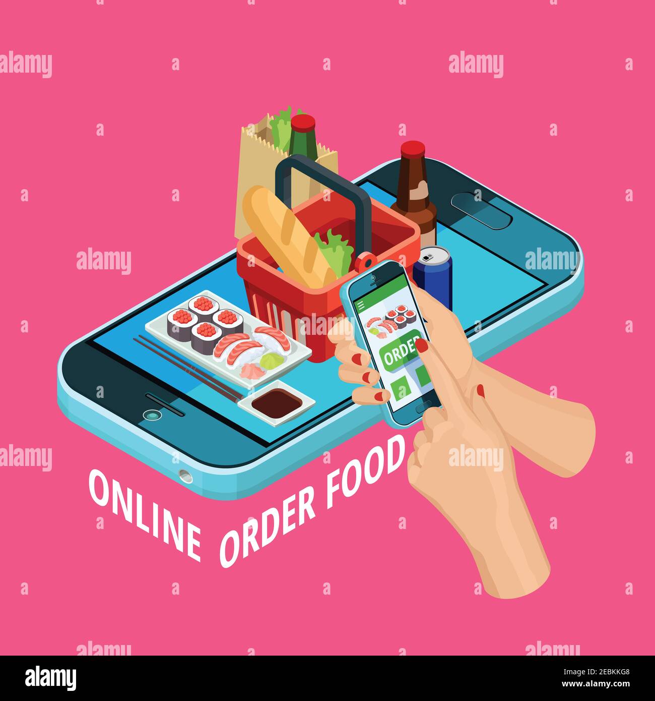 Easy online food order isometric advertisement poster with smartphone ...