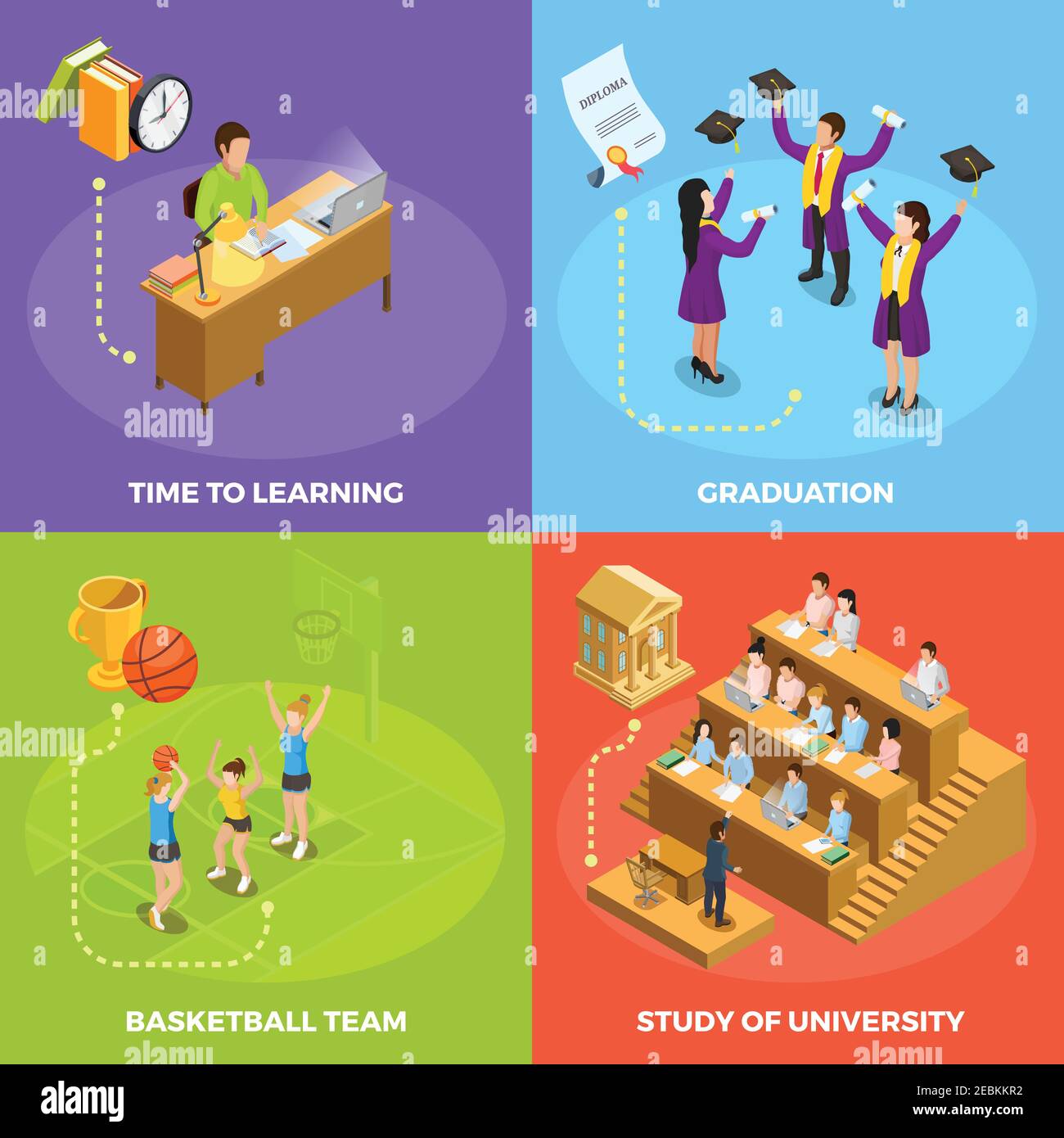 University students 4 isometric icons square poster with basketball ...