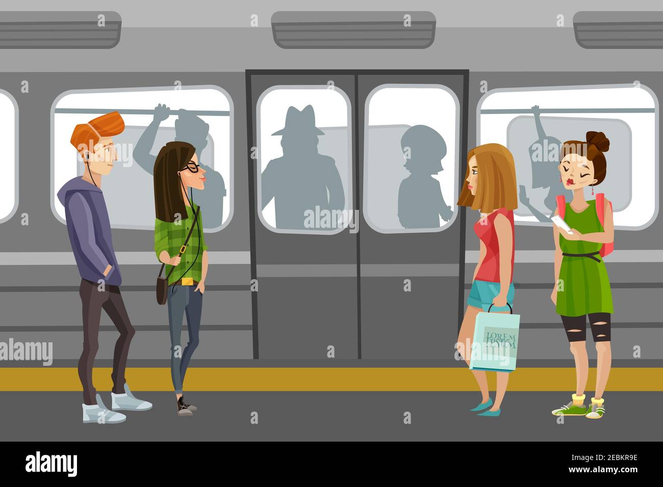 Subway people background with underground train and commuters flat ...