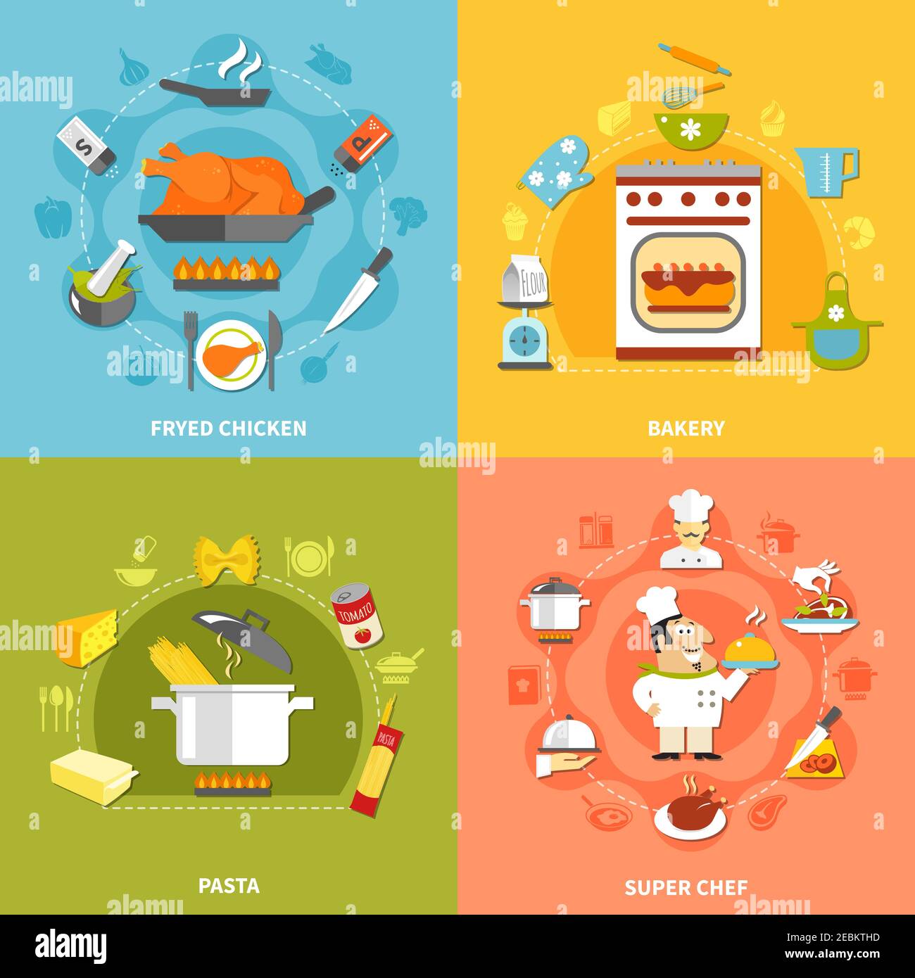 Culinary flat concept with recipes ingredients for different dishes ...