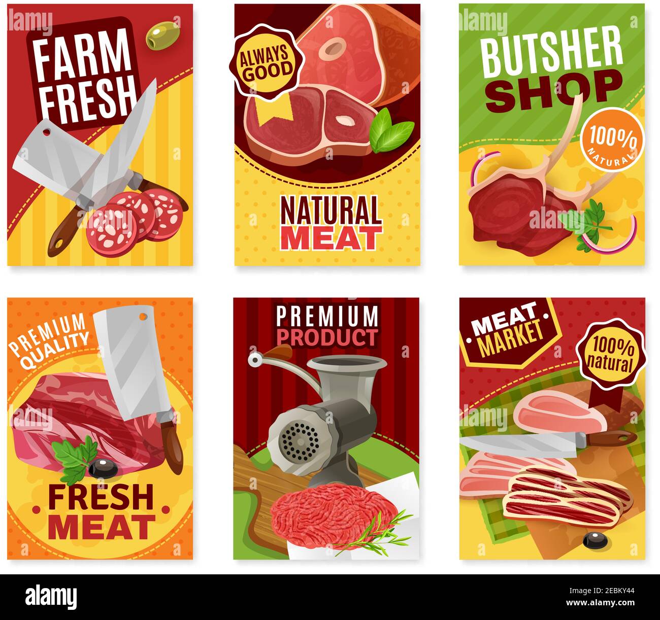 Butcher cartoon banners set with fresh meat symbols isolated vector ...