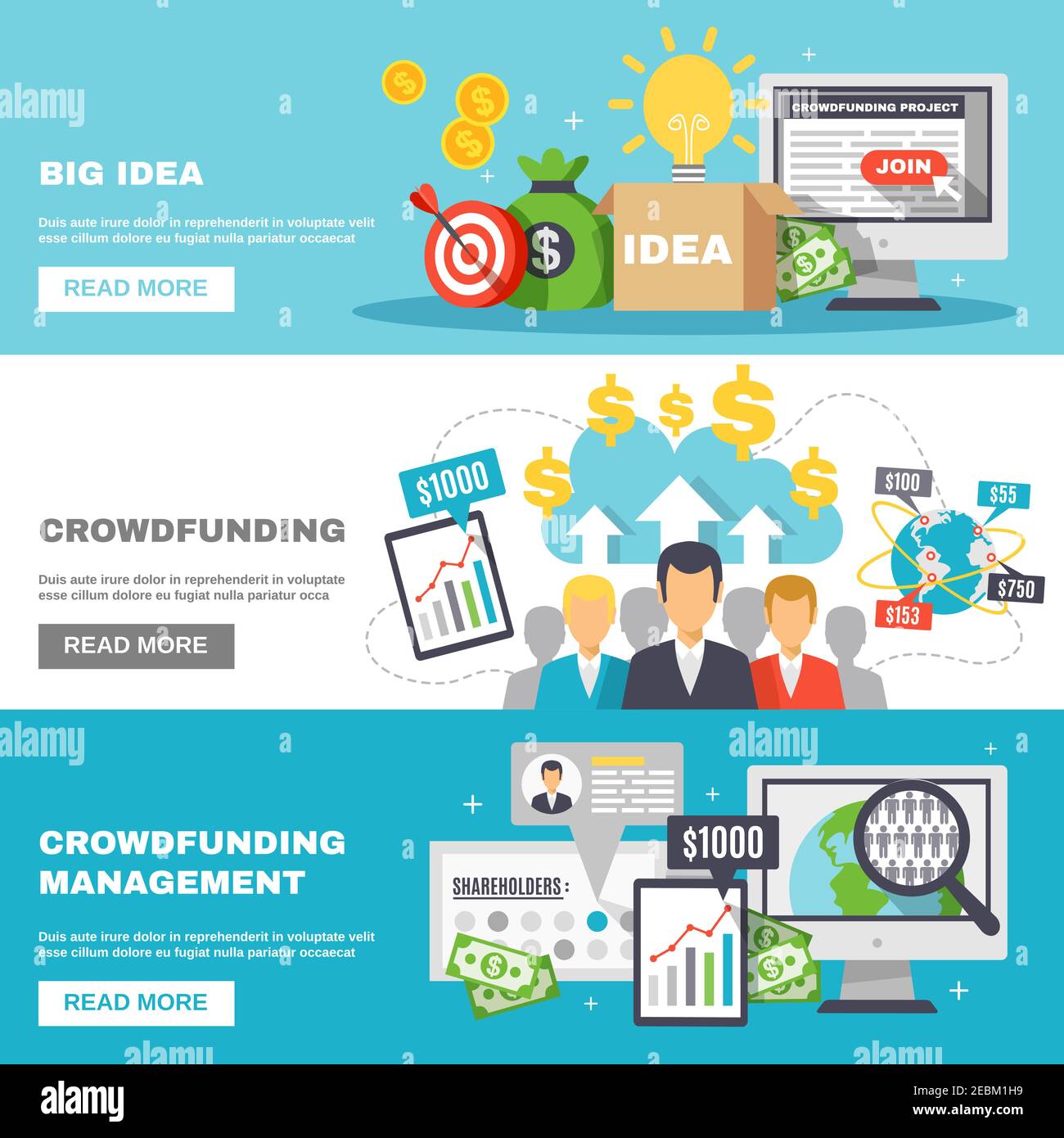 Crowdfunding horizontal banners for funding of projects and big ideas ...
