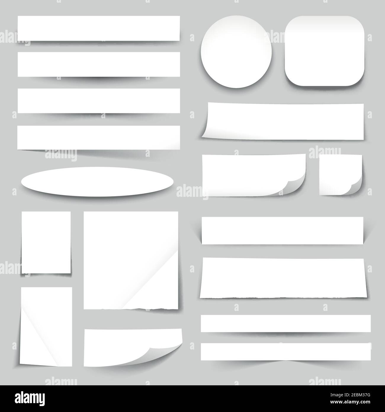 White blank paper strips circle oval square rectangles with curled ...