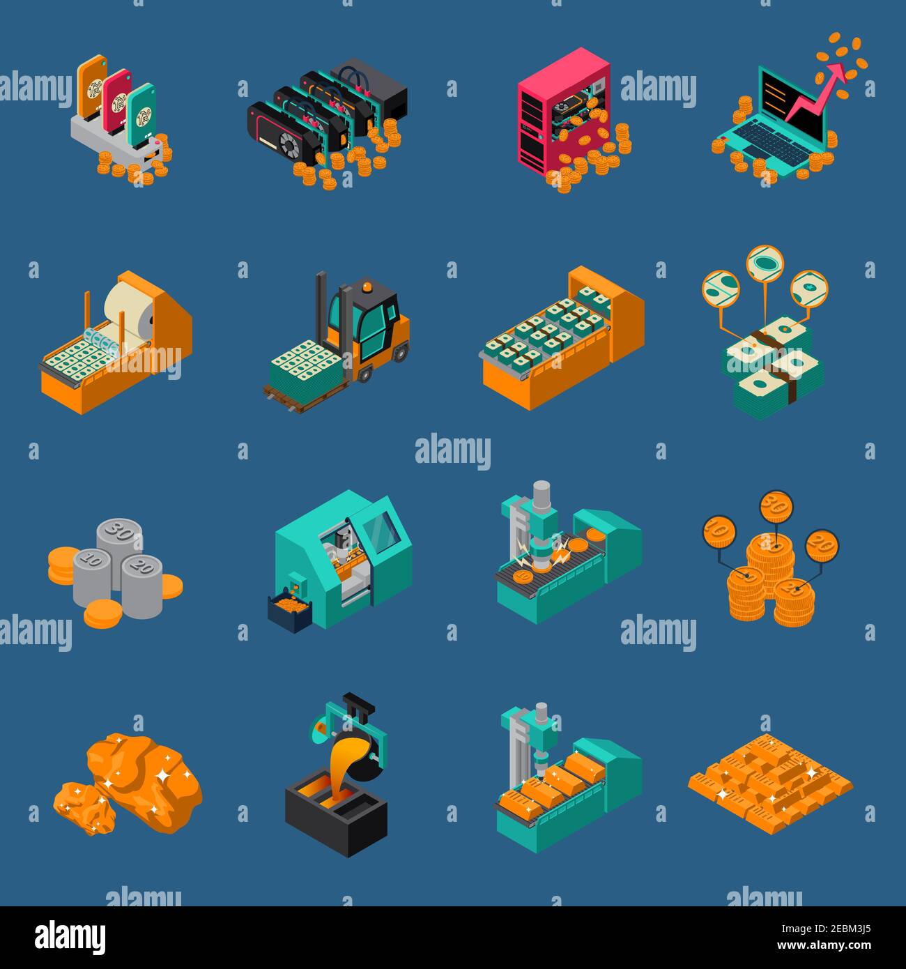 Money manufacturing isometric icons of gold production equipment and ...
