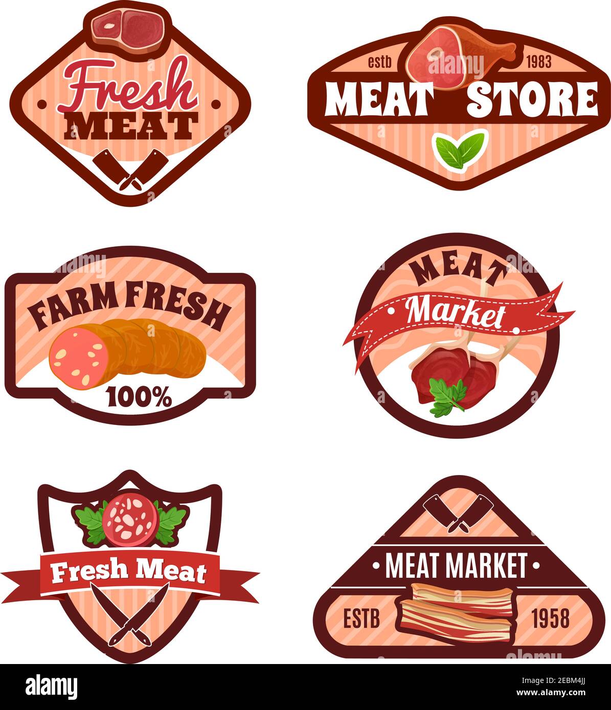 Meat market emblems set with butcher symbols flat isolated vector ...