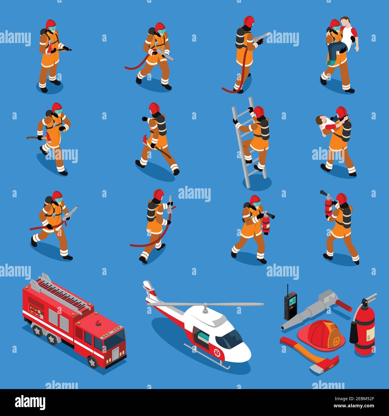 Fireman isometric set of firefighters in different situations truck ...