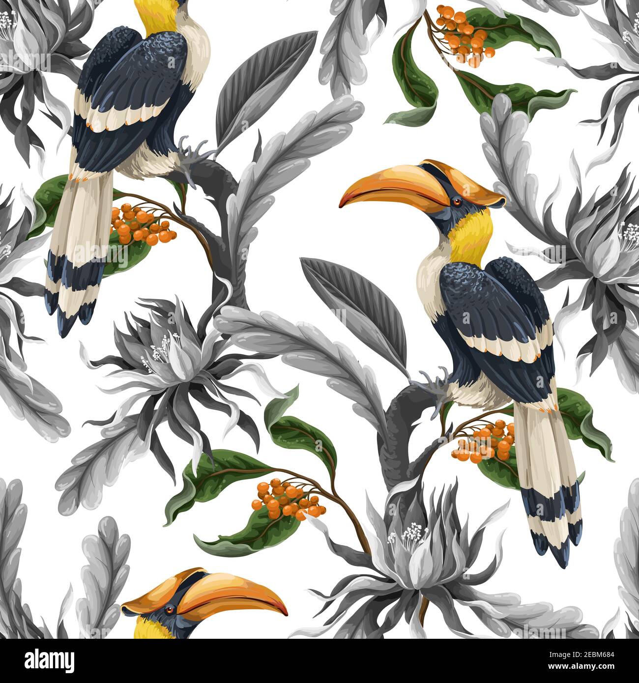 Seamless pattern with birds and tropical leaves and flowers. Vector ...