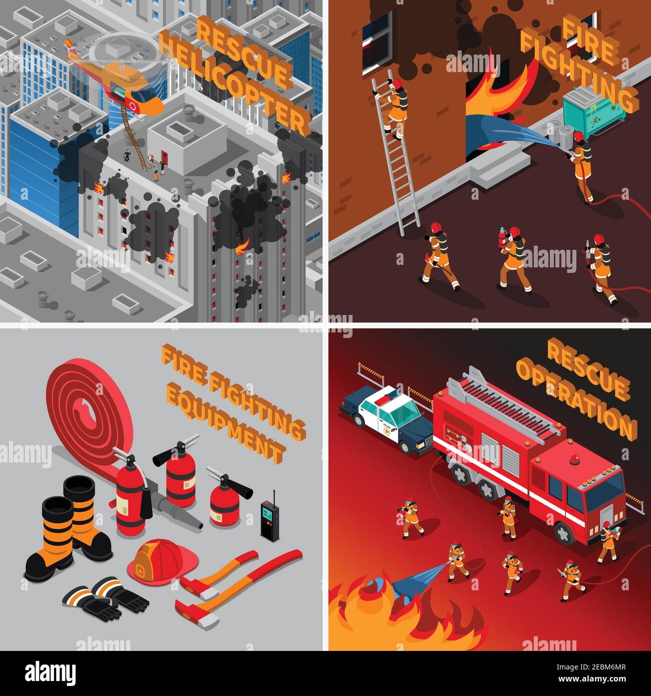 Fireman isometric concept with firefighter equipment and different ...