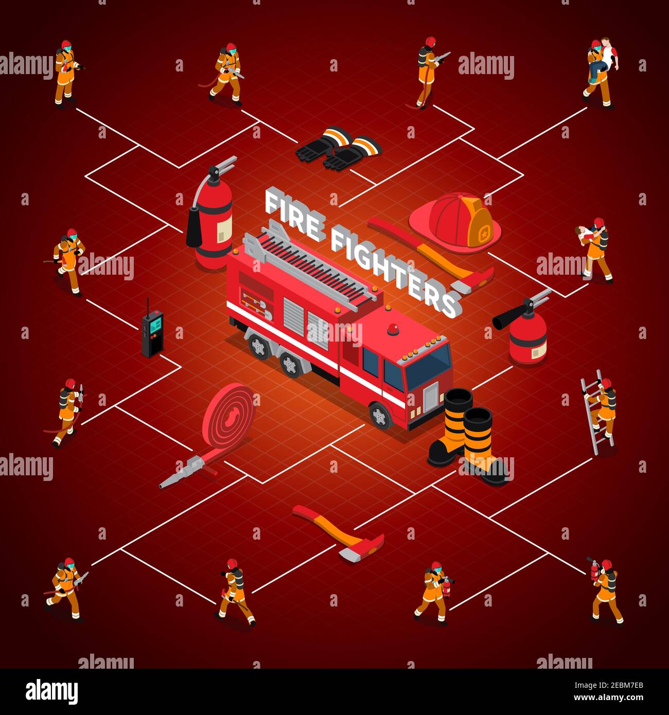 Firefighter isometric flowchart with fireman in different poses ...