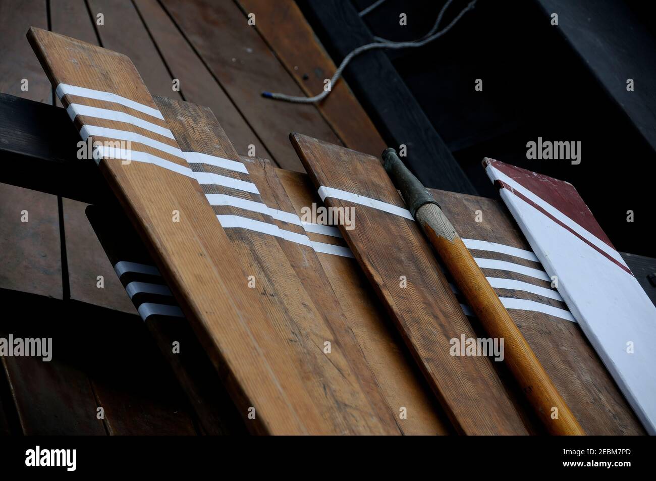 Oars lined up in the gig Verite, a 38 foot rowing and sailing gig of ...