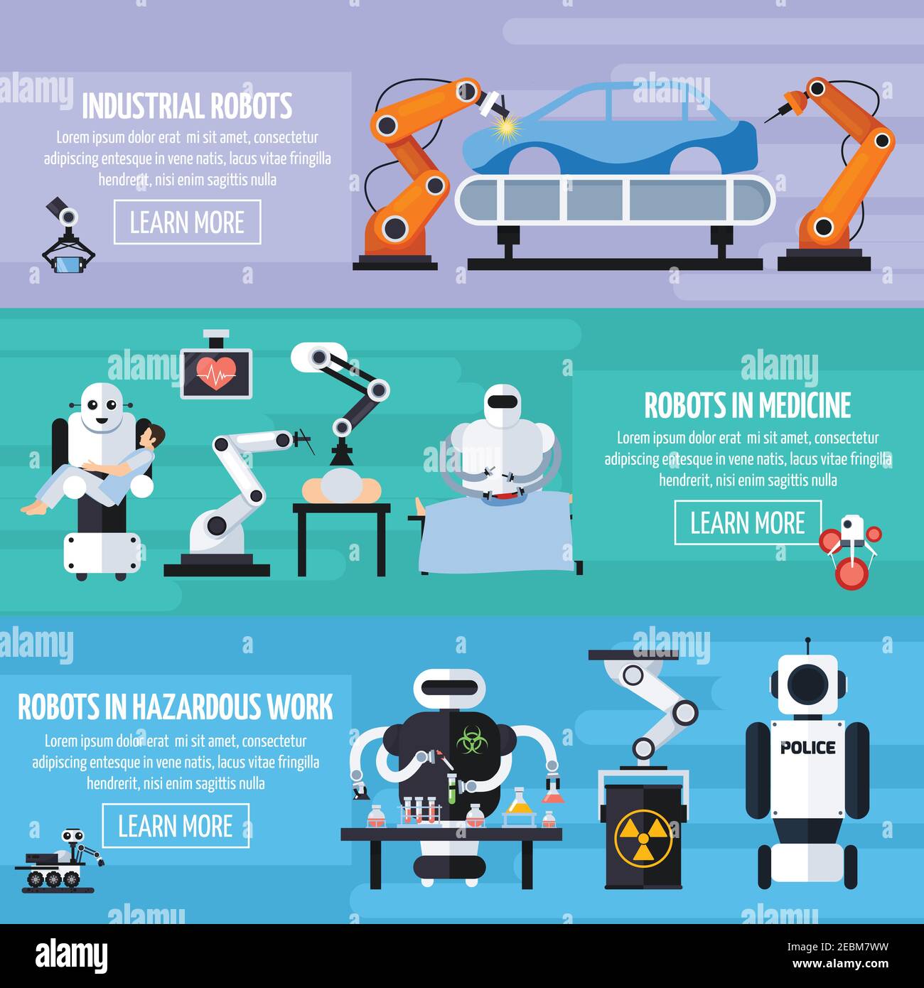 Robots horizontal banners set with robots in medicine symbols flat ...