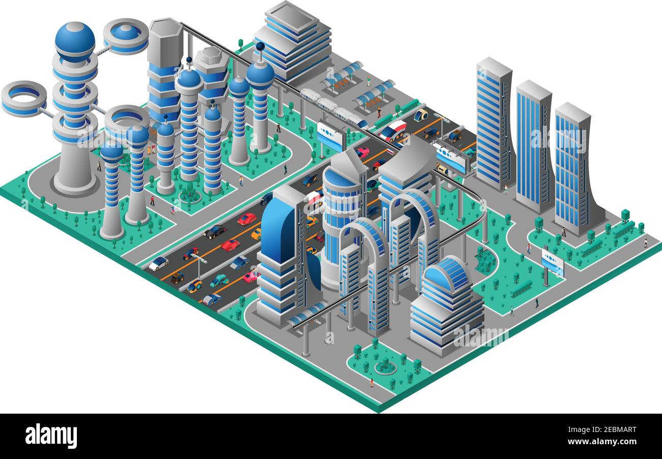 Futuristic cityscape isometric template with buildings of future road ...