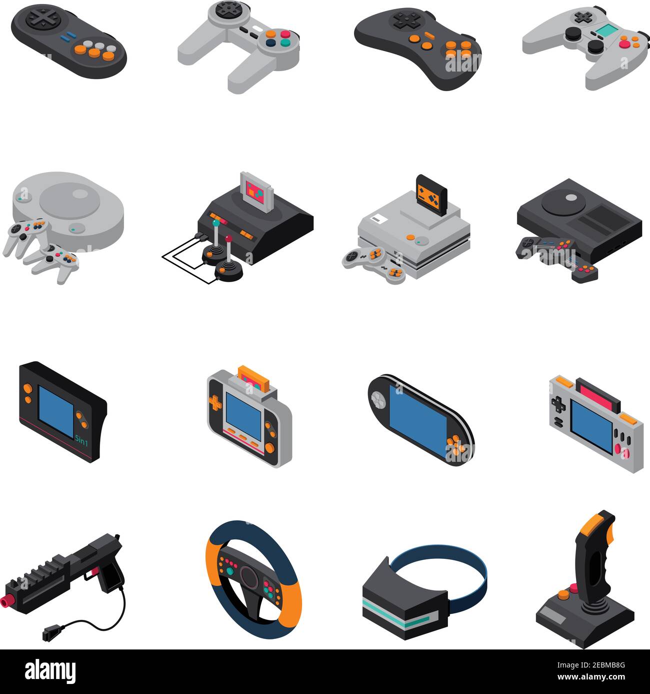 Game gadgets isometric icons collection of consoles joysticks gamepads virtual mask wheel ...