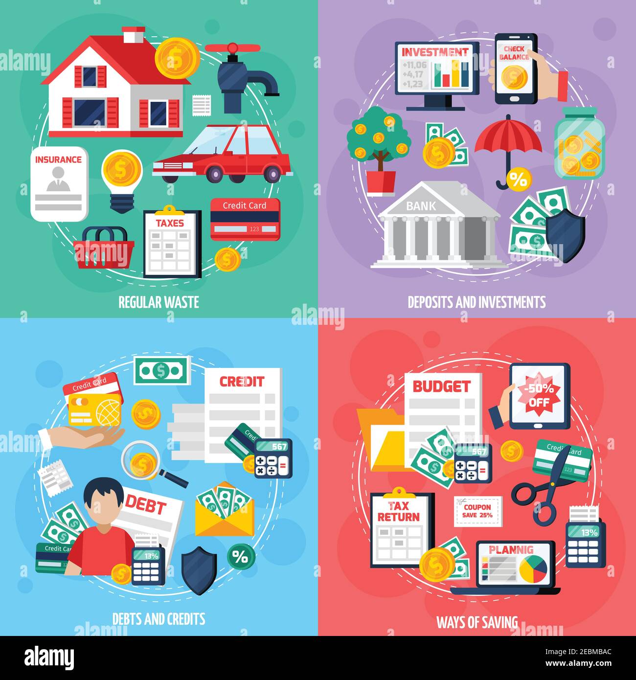 Personal budget concept icons set with deposits and investment symbols ...