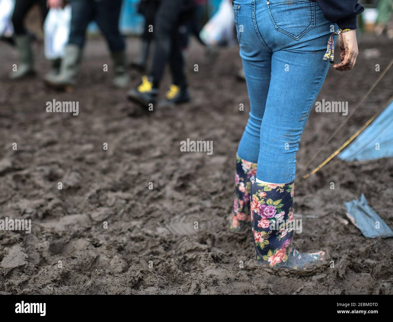 Fans arriving at a muddy 2015 Reading festival Stock Photo - Alamy