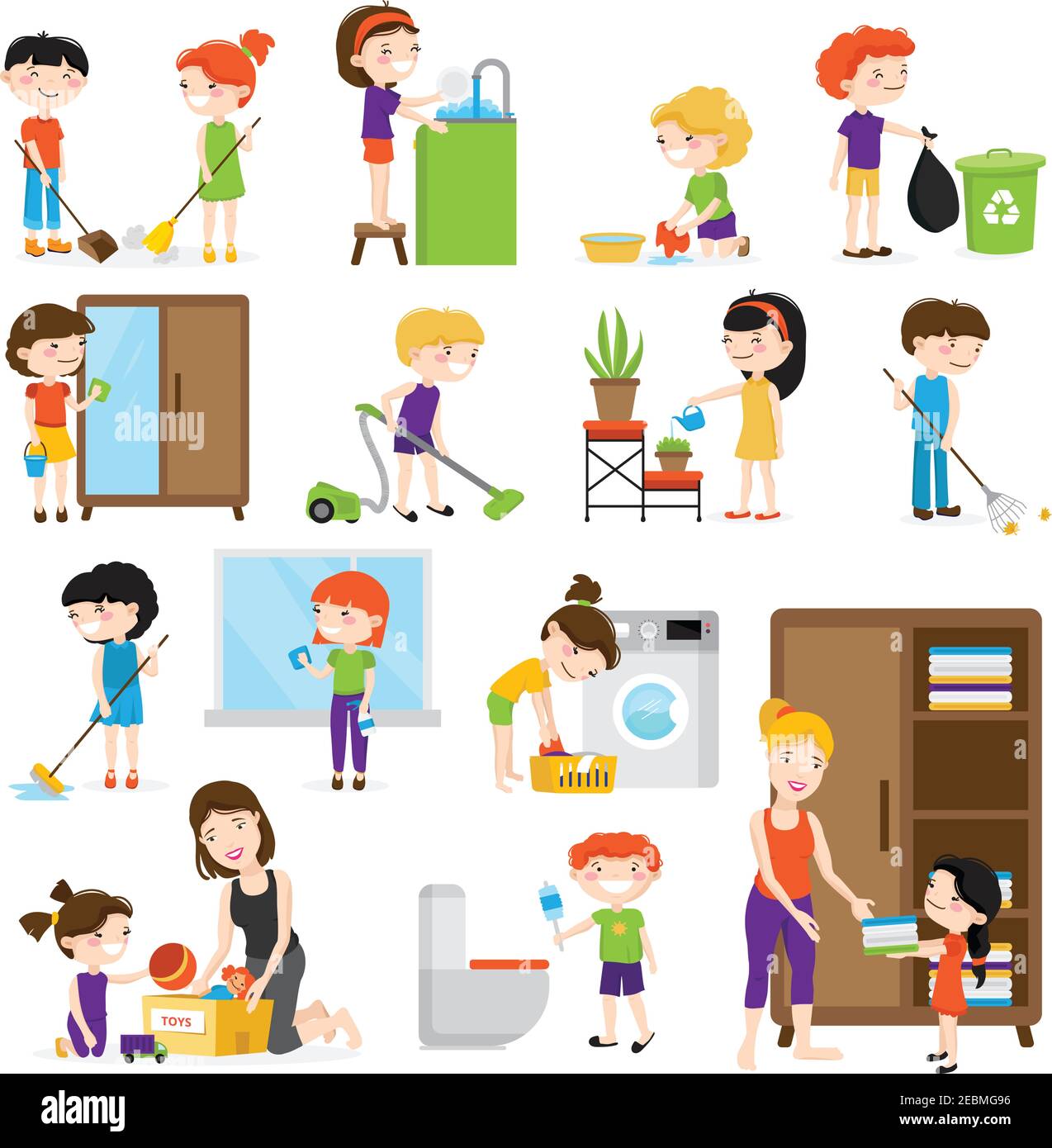 Colorful cartoon set with kids cleaning rooms and helping their mums ...
