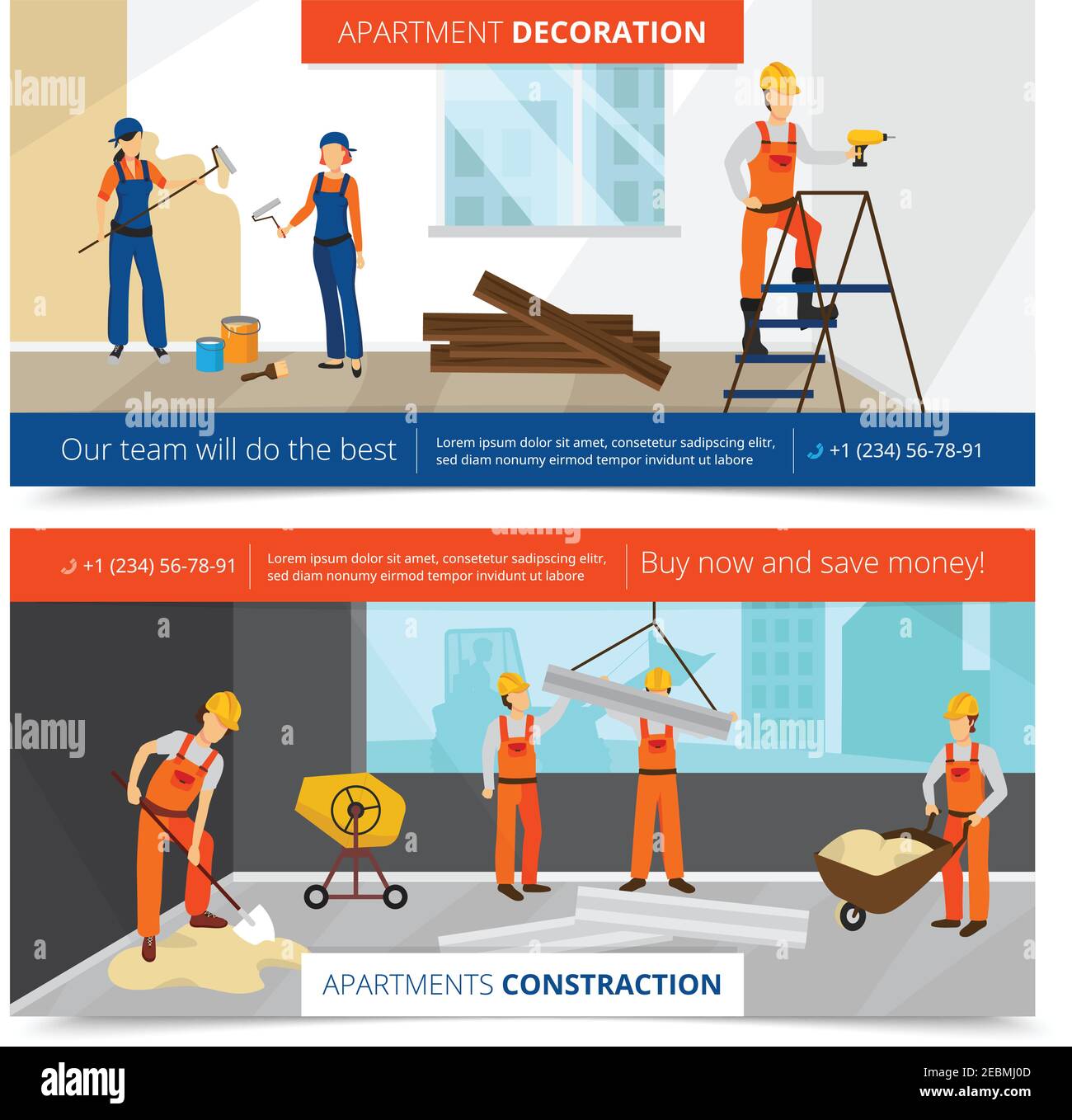 Construction horizontal banners set with decoration symbols flat ...