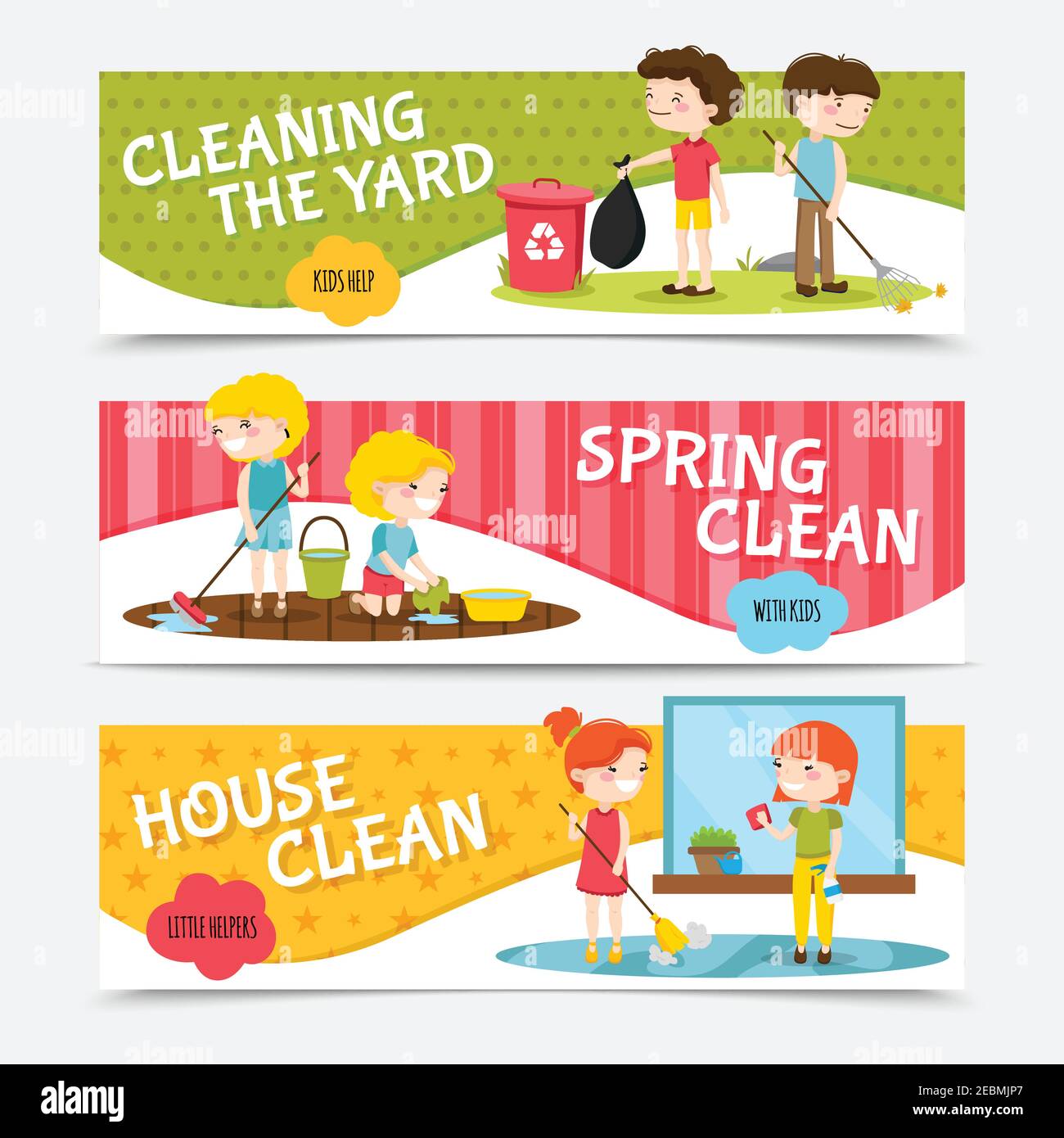 Colorful horizontal banners set with kids cleaning house and yard cartoon isolated vector ...