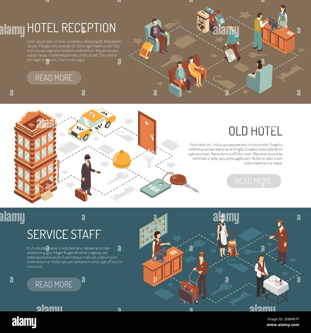 Hotel isometric horizontal banners with old hotel building service ...