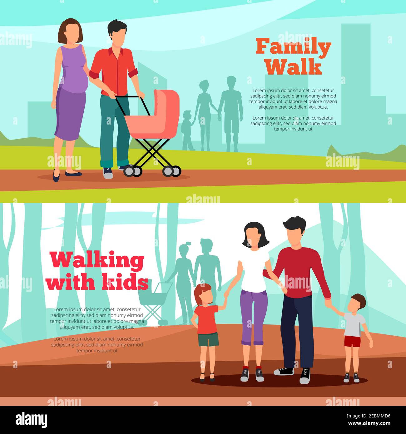 Family horizontal banners set with family walk symbols flat isolated ...