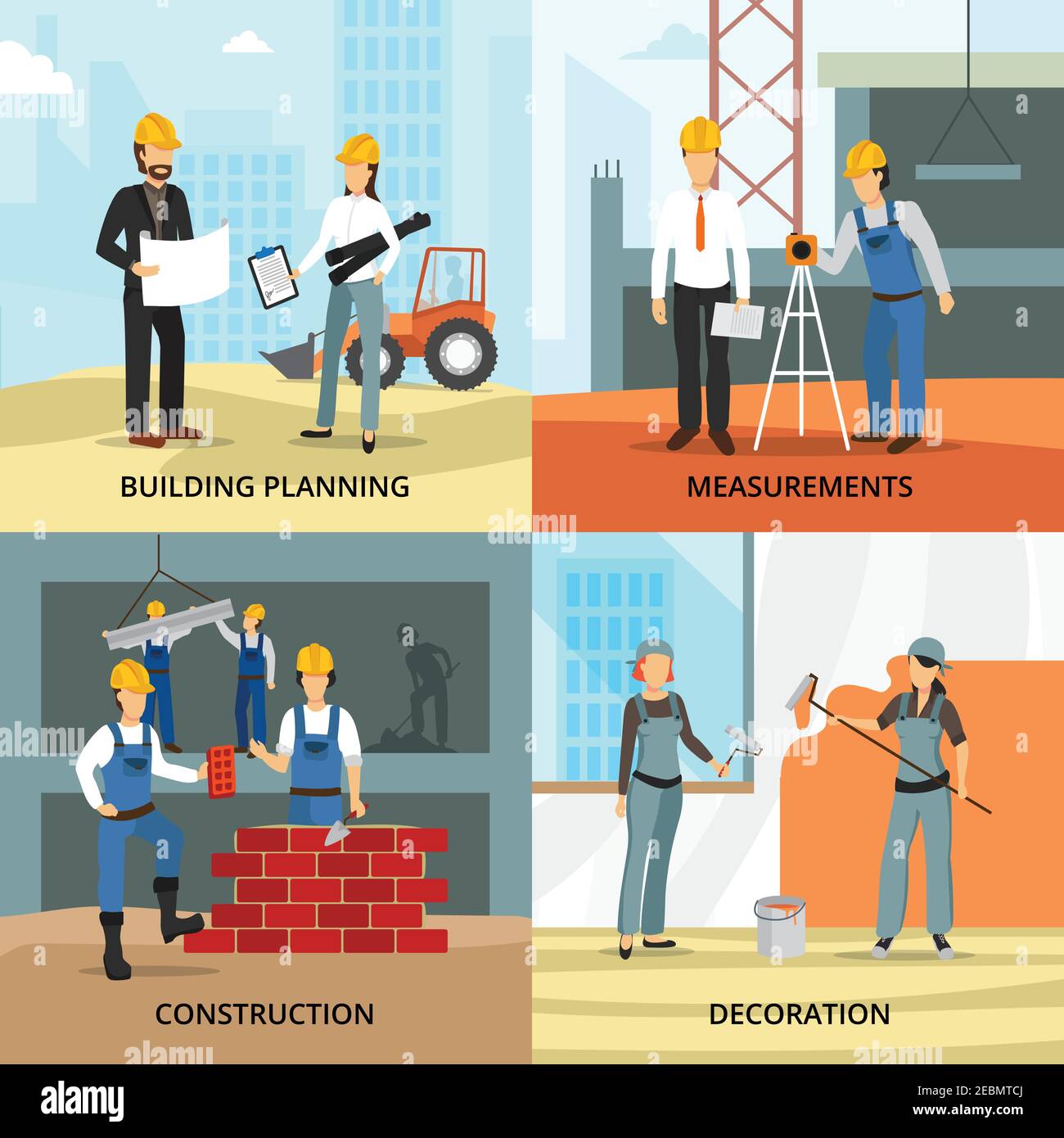 Building concept icons set with planning symbols flat isolated vector ...