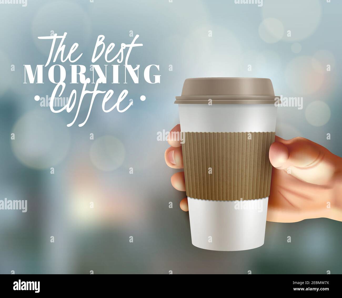 Morning coffee realistic background with hand and coffee cover vector ...