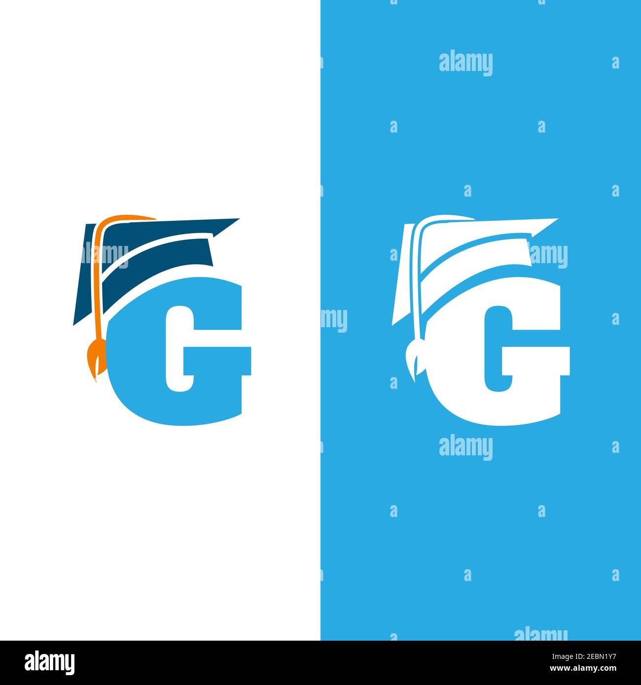 Initial letter G with graduation hat isolated white and blue background ...