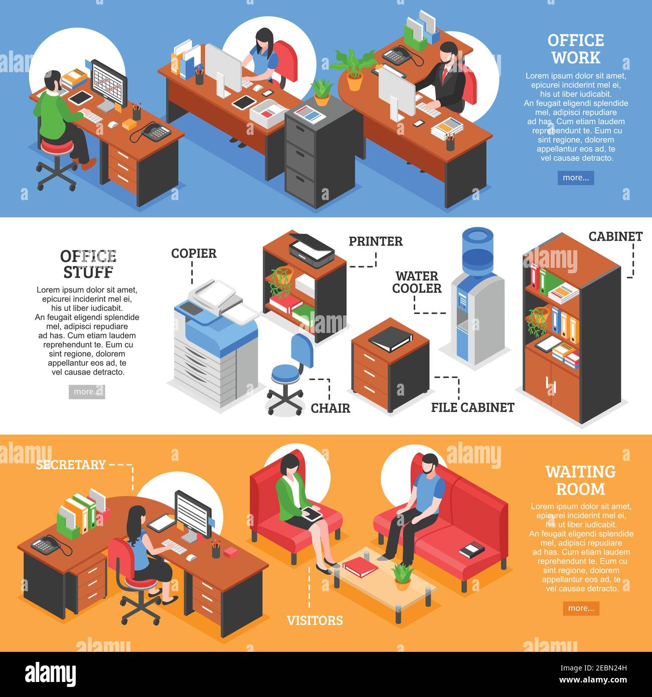 Three horizontal banners set with isometric office workplaces colorful ...