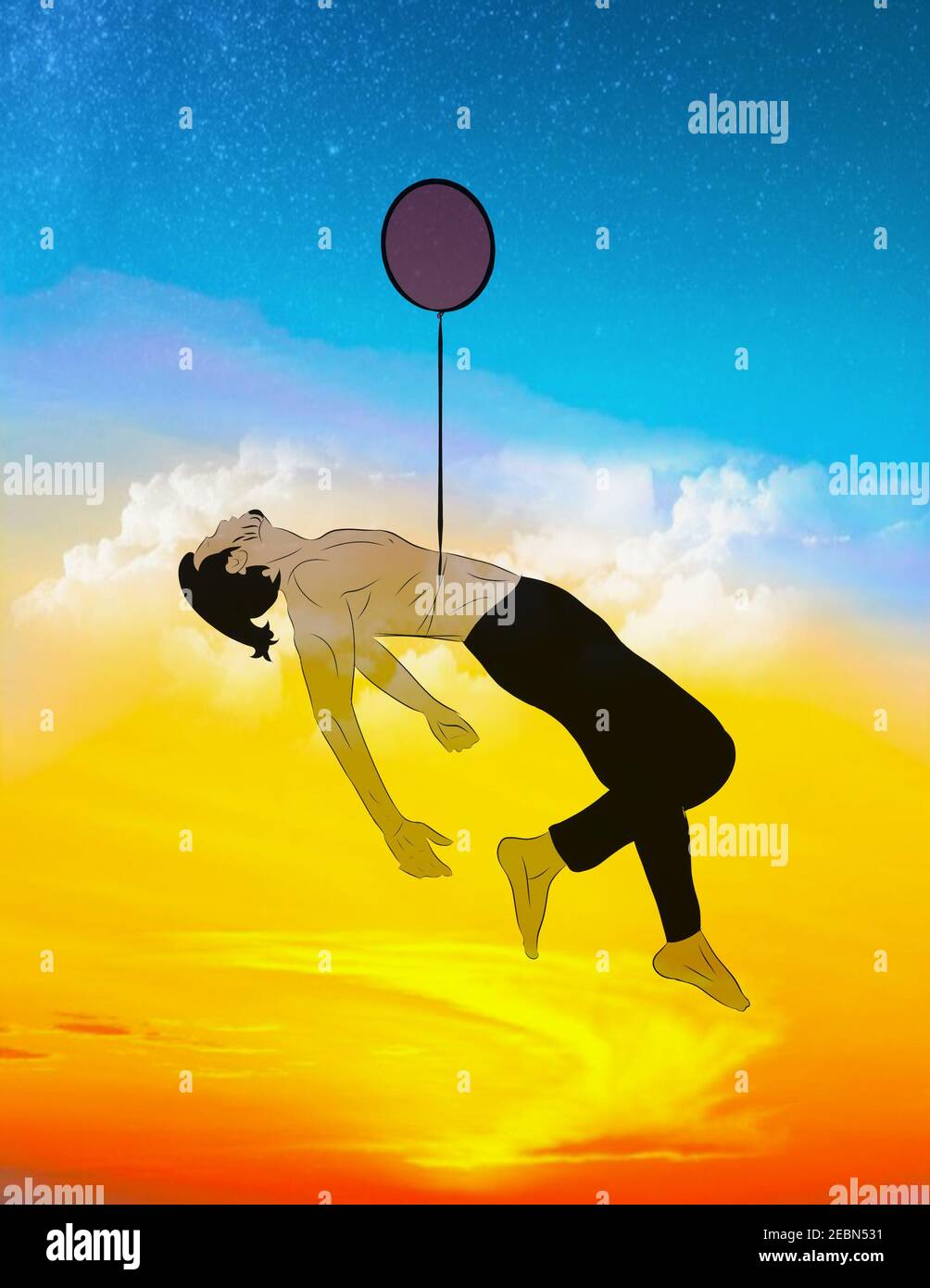 Illustration of a man flying with the balloon against a colorful ...