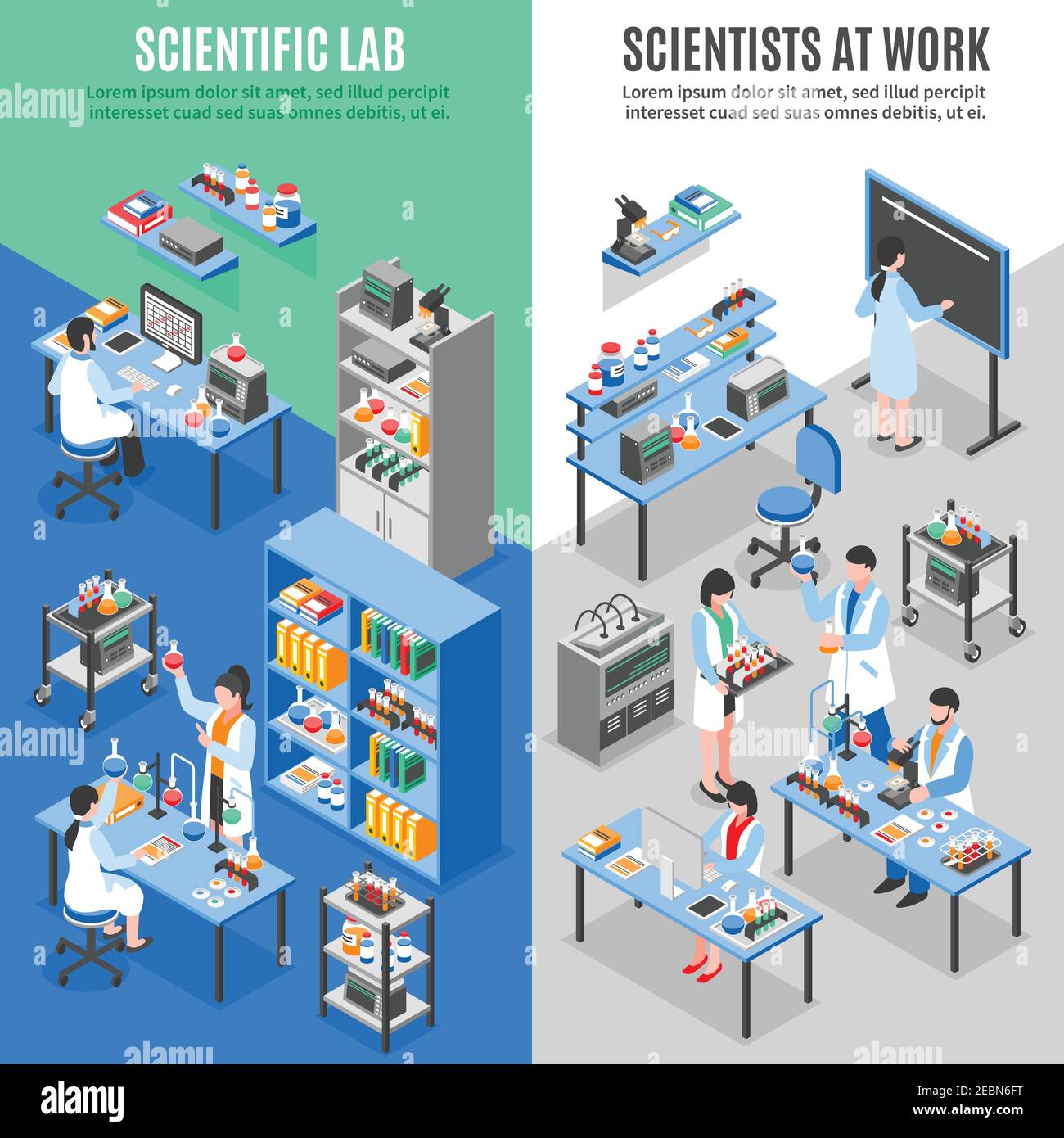 Two scientists laboratory vertical banners set with isometric ...