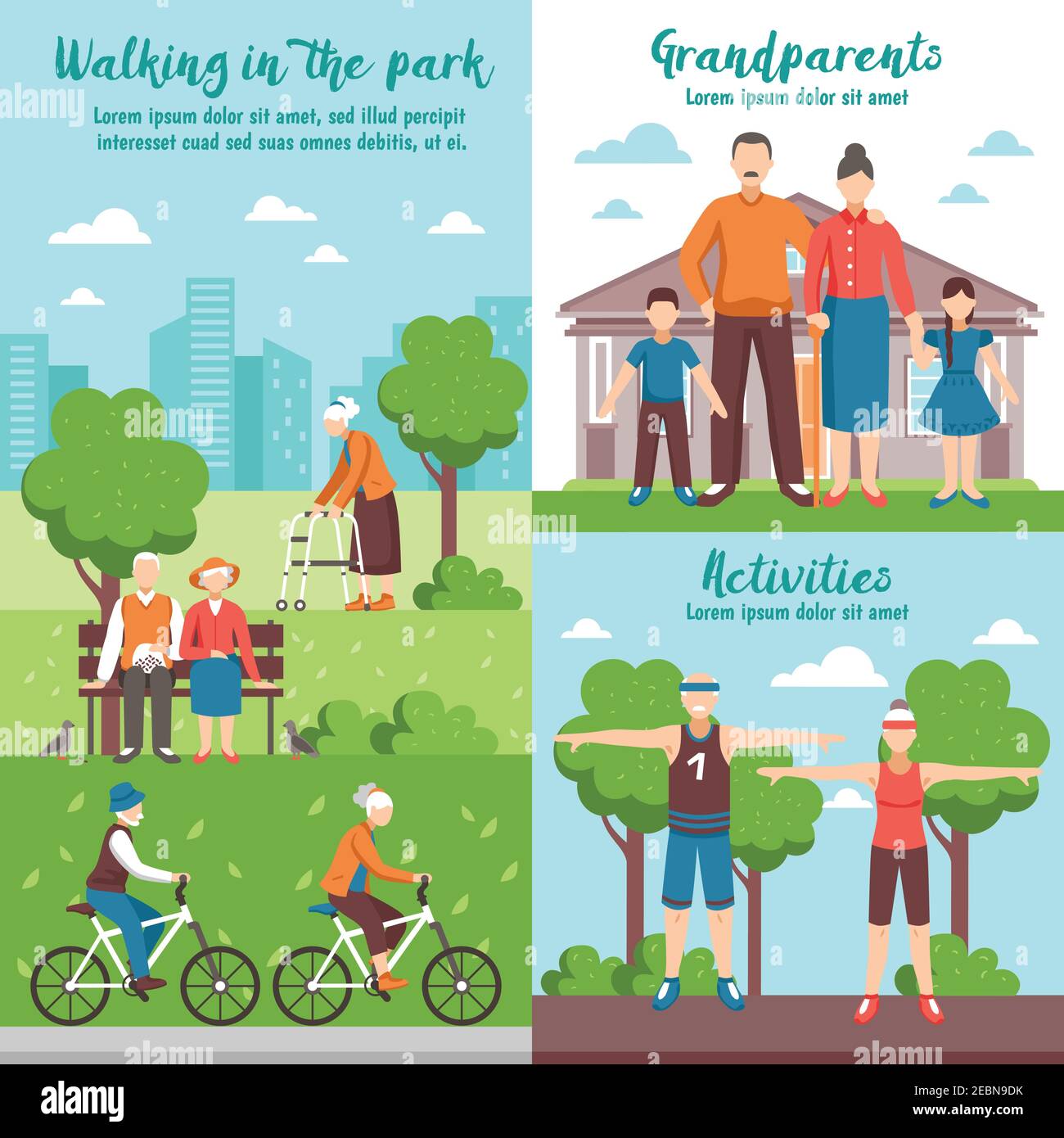 Conceptual composition of active senior people banners with flat ...