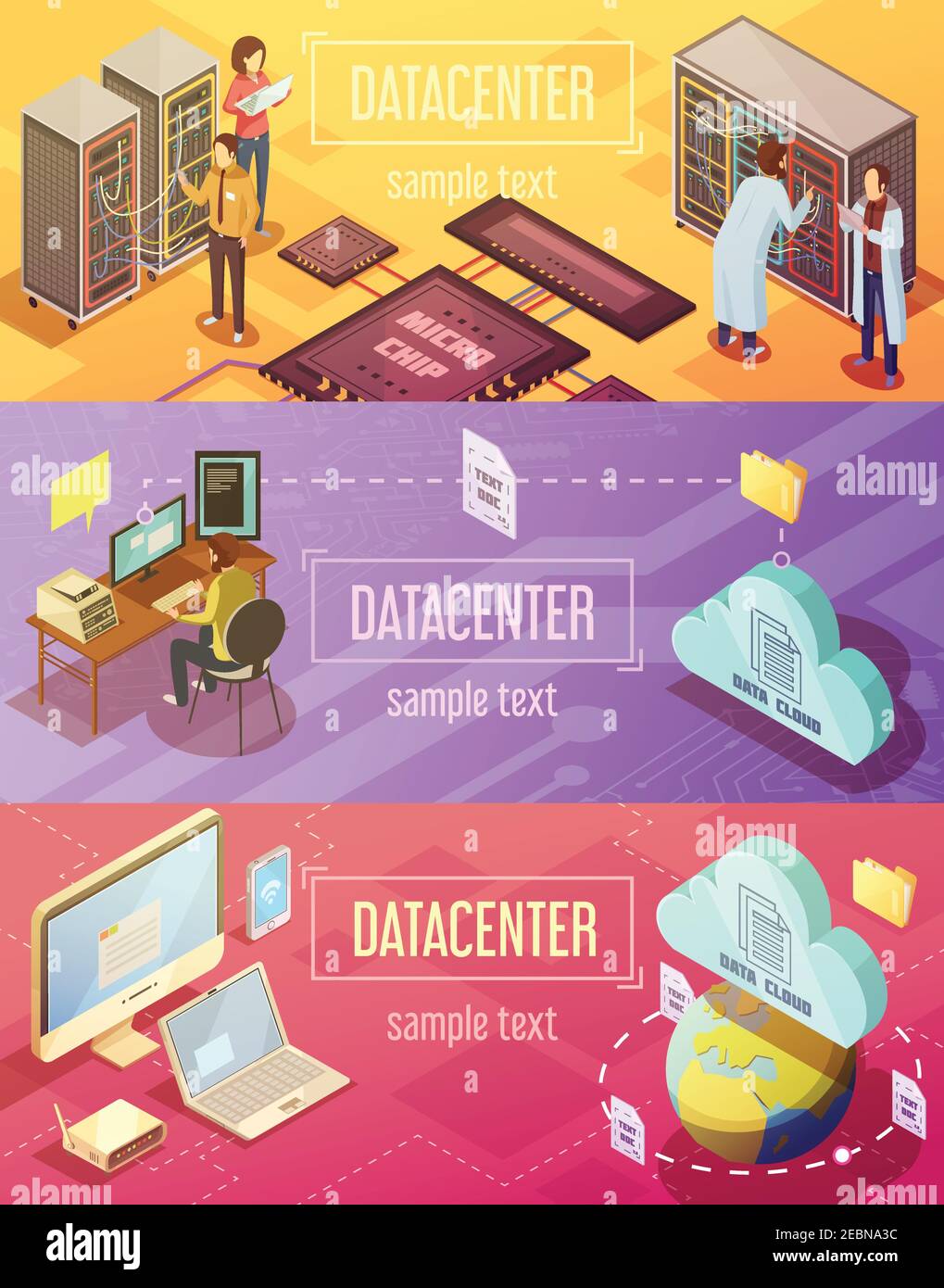 Set of isometric horizontal banners with datacenter hosting server ...