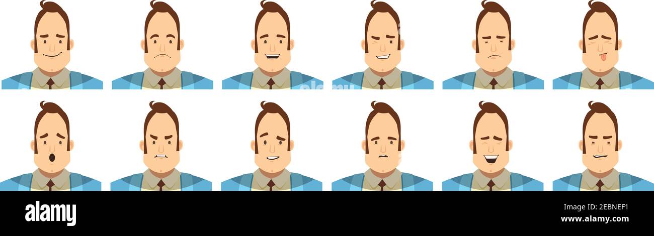 Set of avatars with male emotions including joy doubt and anger cartoon ...