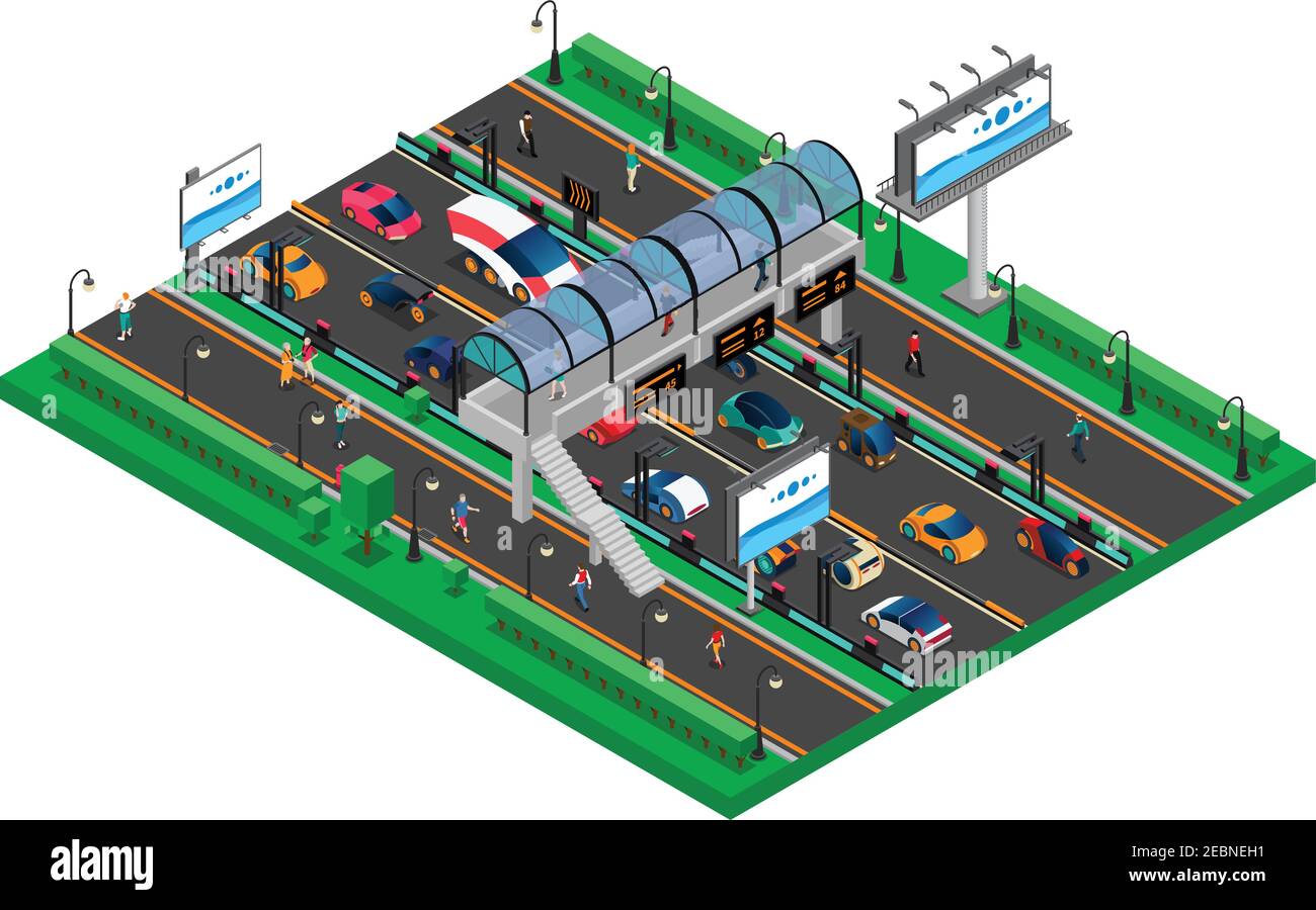 Futuristic transport isometric template with conceptual cars of future ...