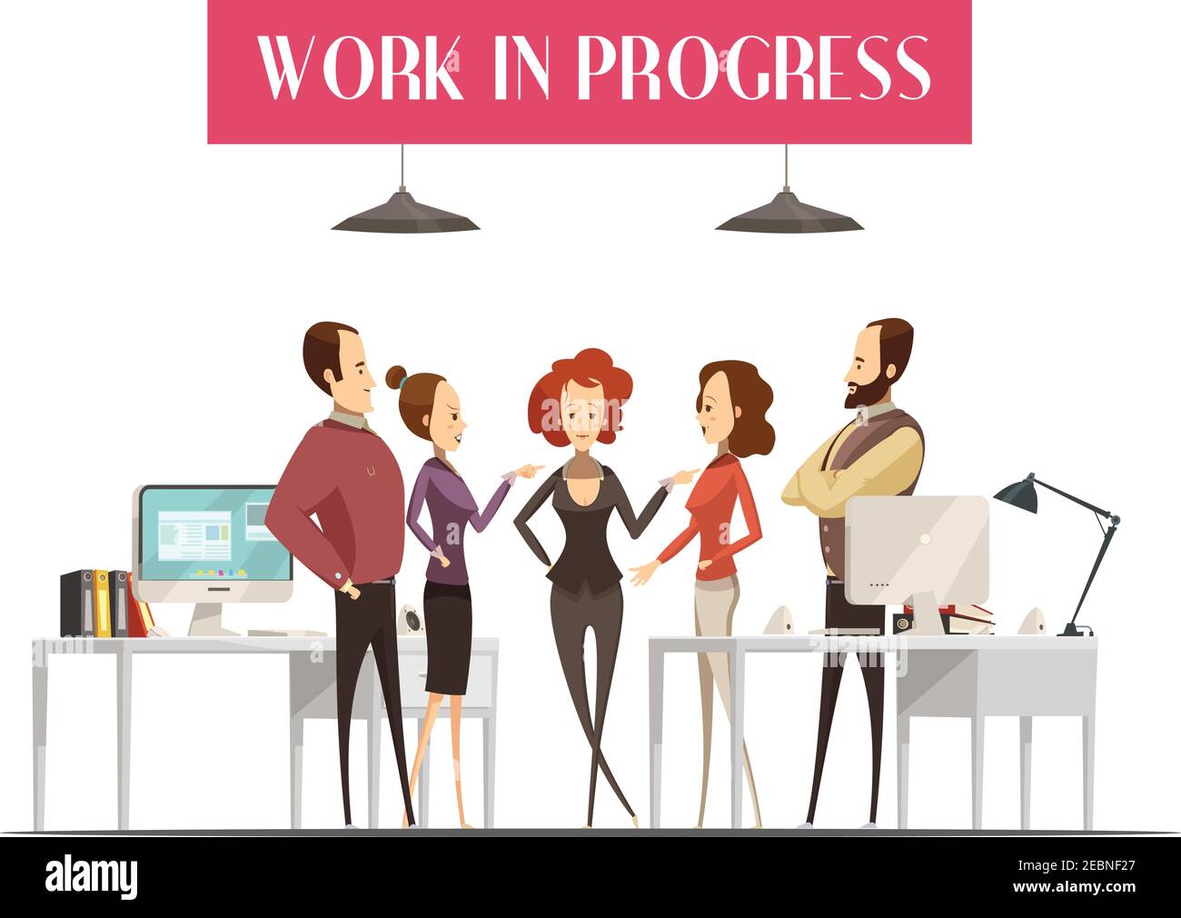 Work in progress design in cartoon style with group of men and women in ...