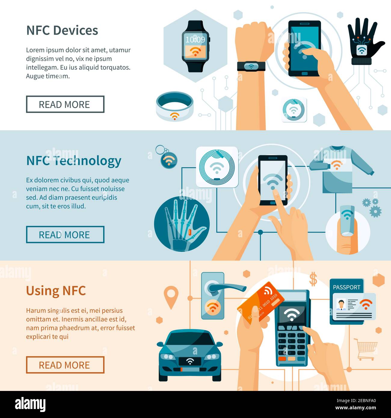 Set of horizontal banners with using NFC technology and digital devices ...