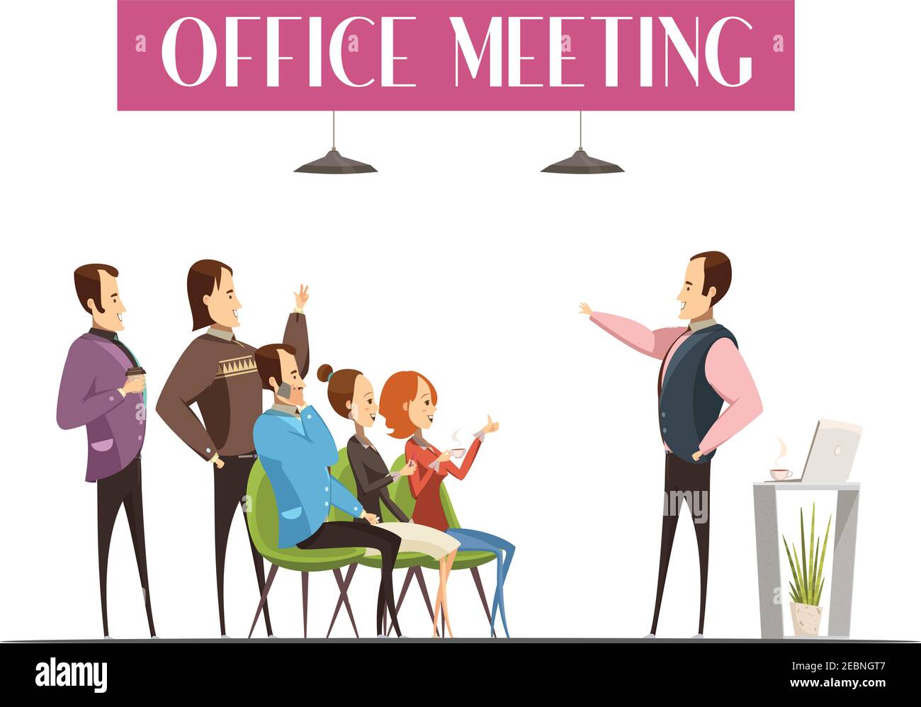 Office meeting design including boss with laptop and coffee employees ...