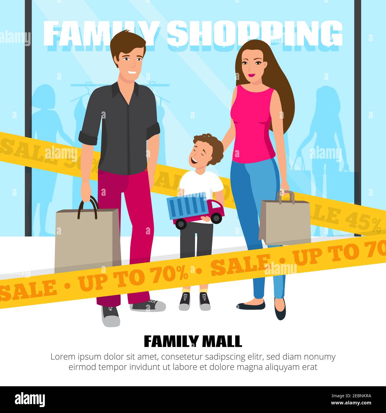 Happy people doing family shopping in mall cartoon vector illustration ...