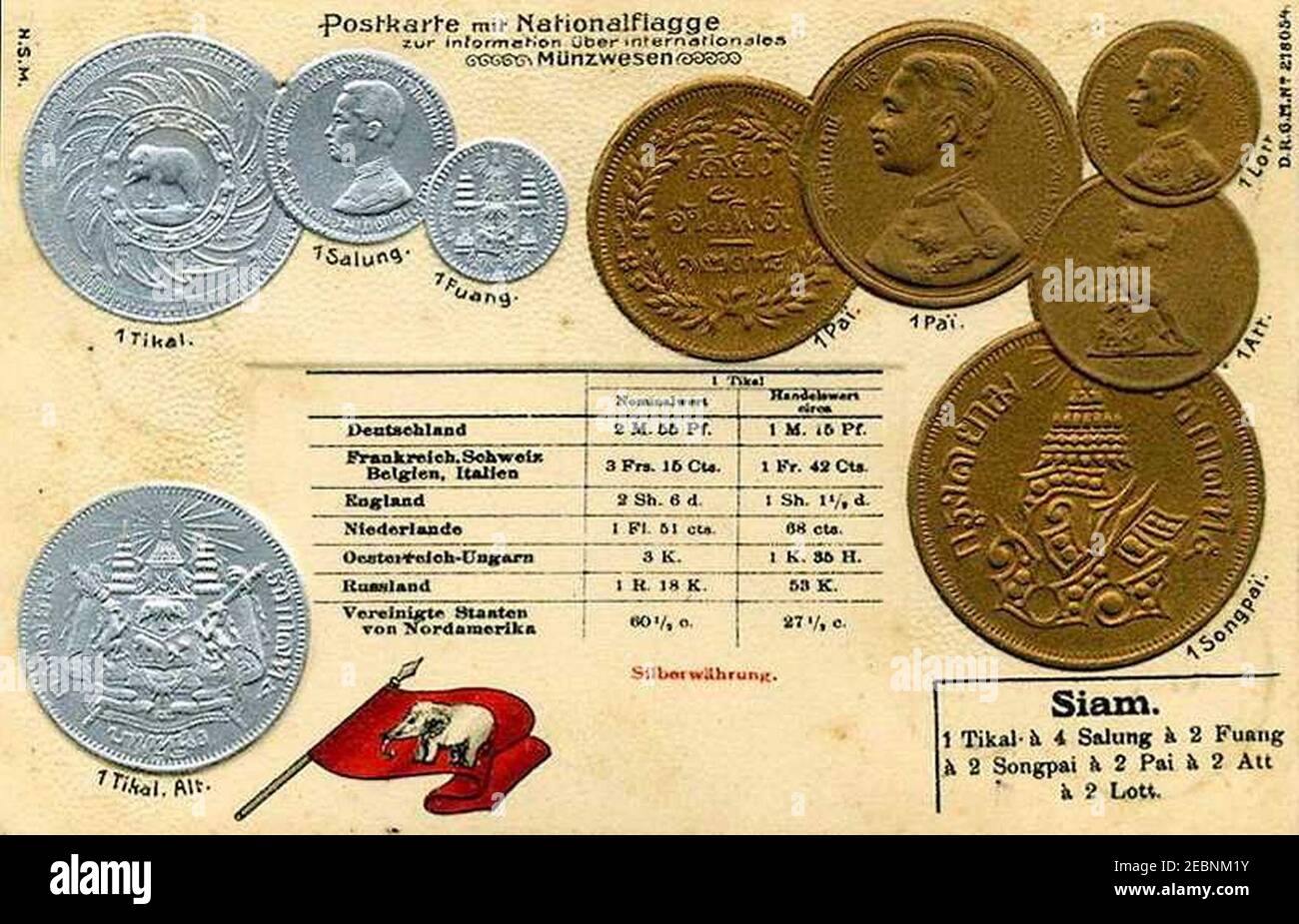 Numismatic postcard from the early 1900's - Kingdom of Siam Stock Photo ...