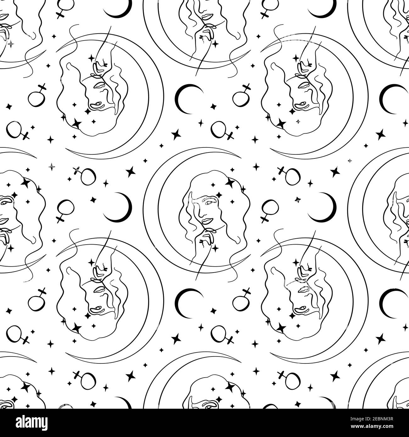 Seamless pattern with single line drawing of woman portrait with moon ...