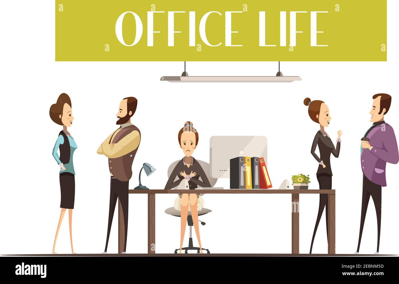 Office life design with upset secretary at workplace and cheerful staff ...
