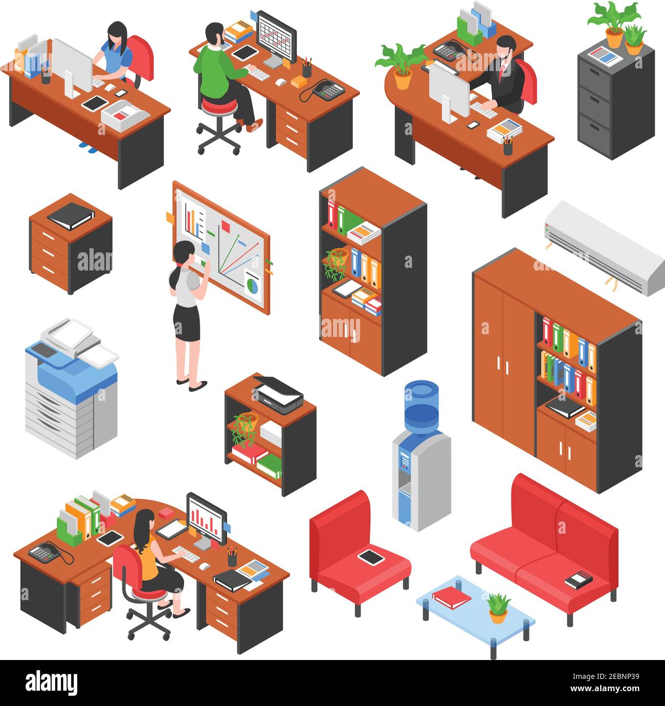 Set of isolated isometric office workplace elements with colorful ...