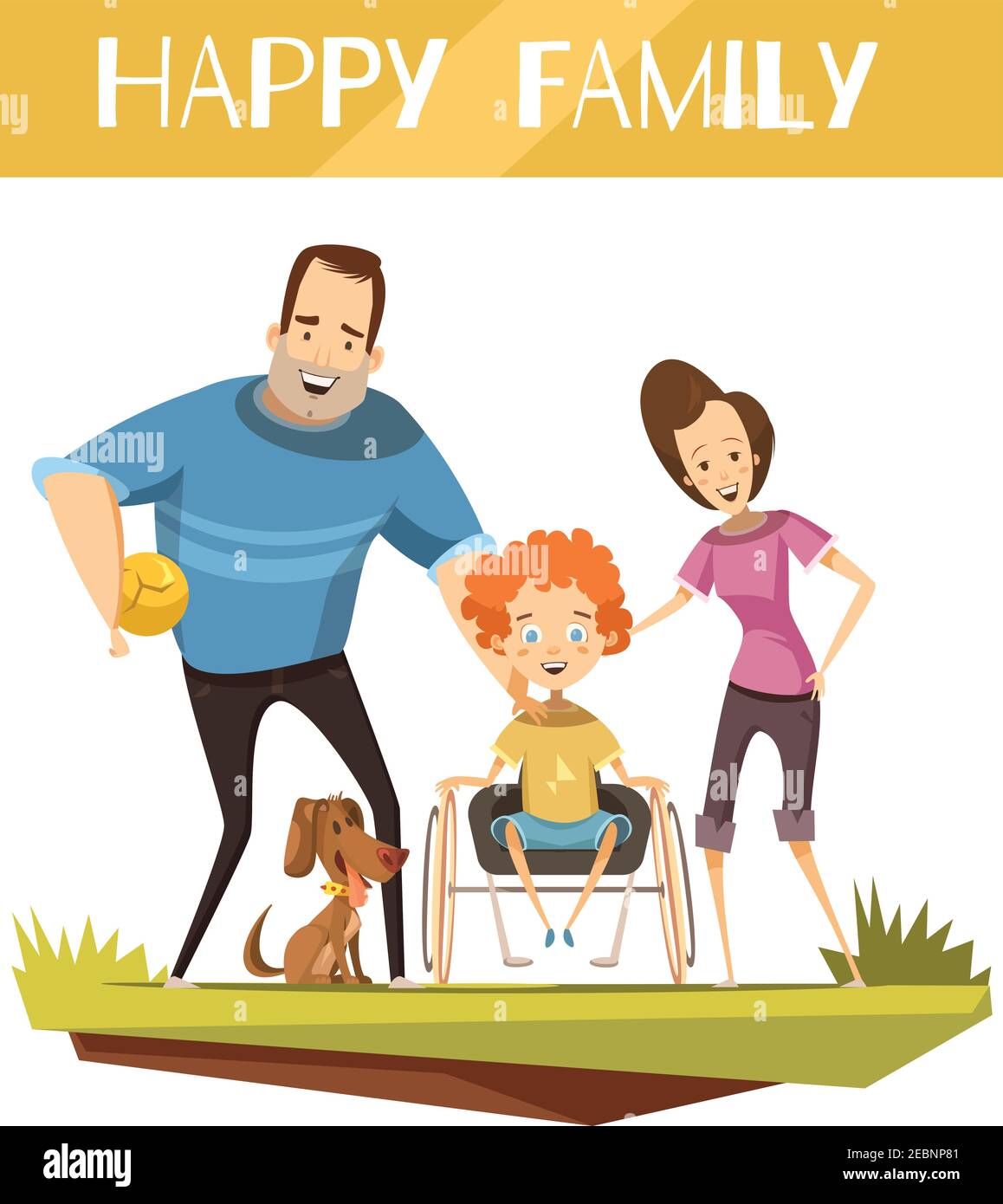 Happy family with disabled kid on wheelchair and dog during walk ...