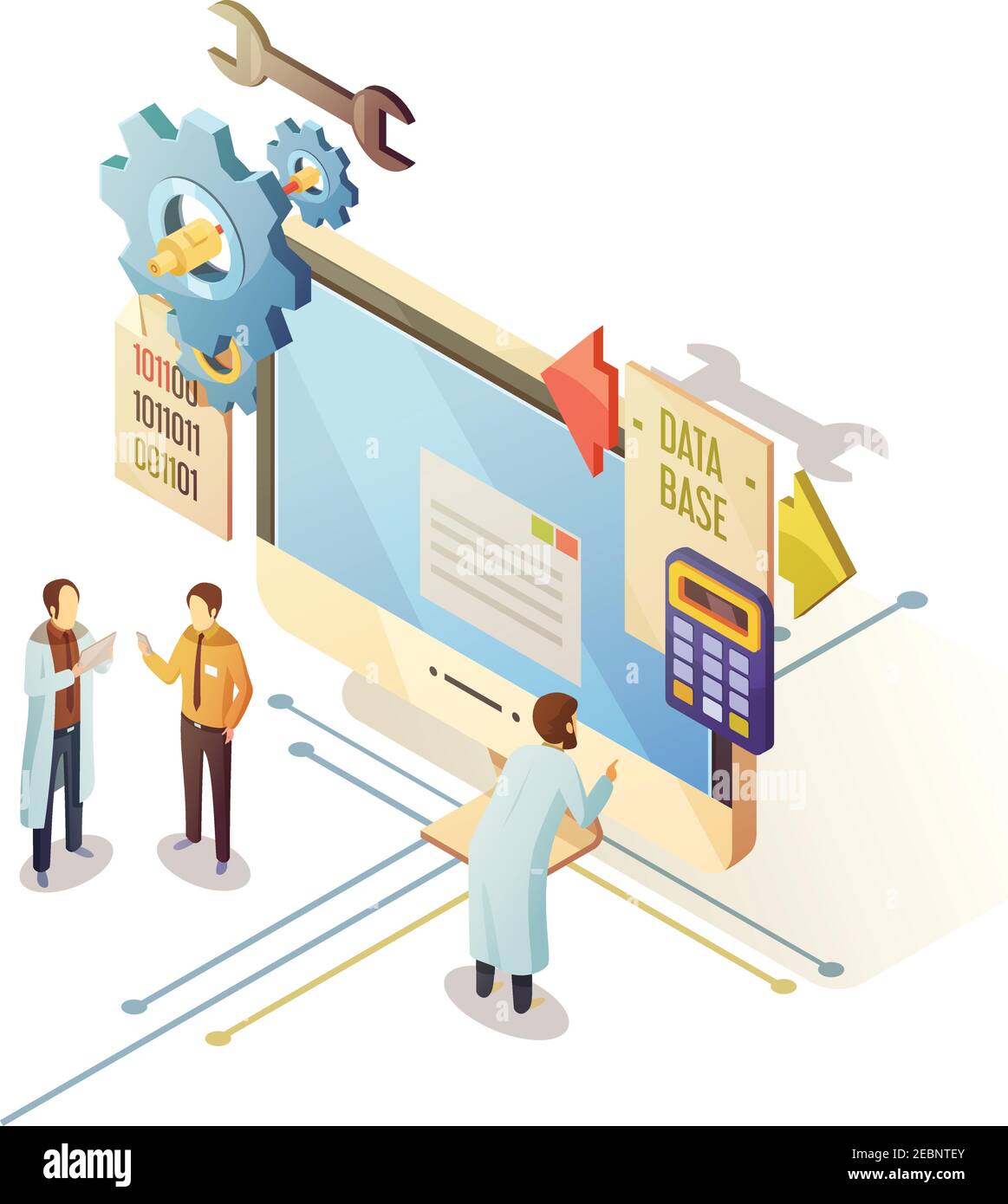 Database isometric design with staff and computer equipment for ...