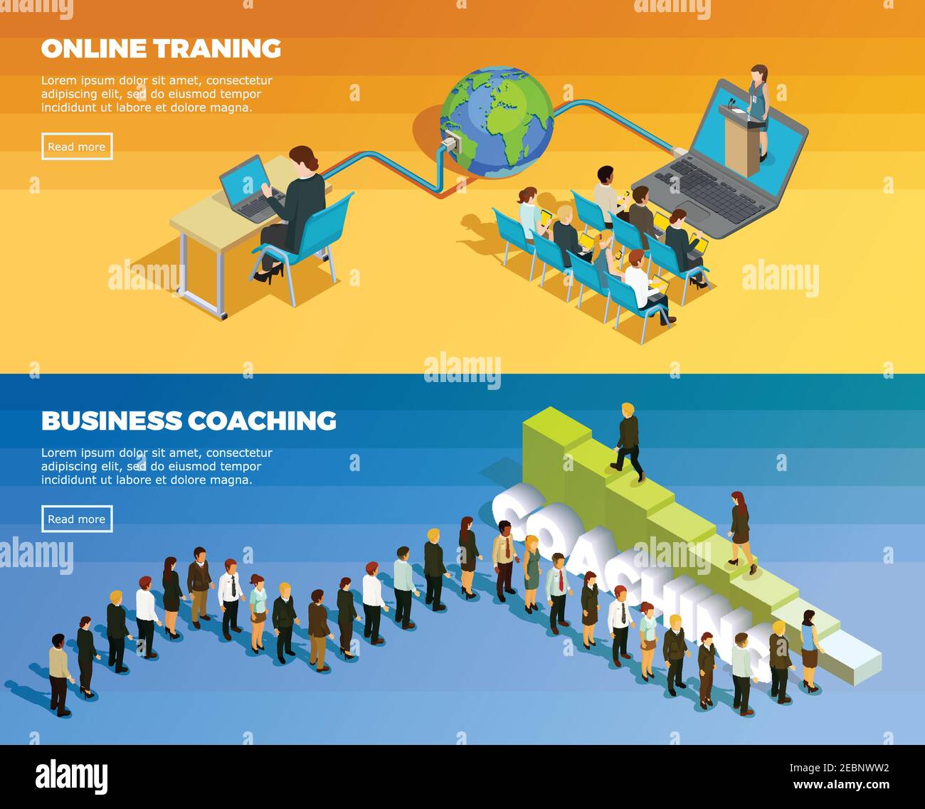 Business education isometric horizontal banners with staff development ...